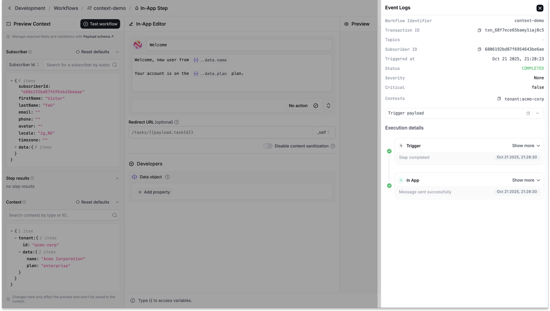 Inbox with context | Novu Documentation
