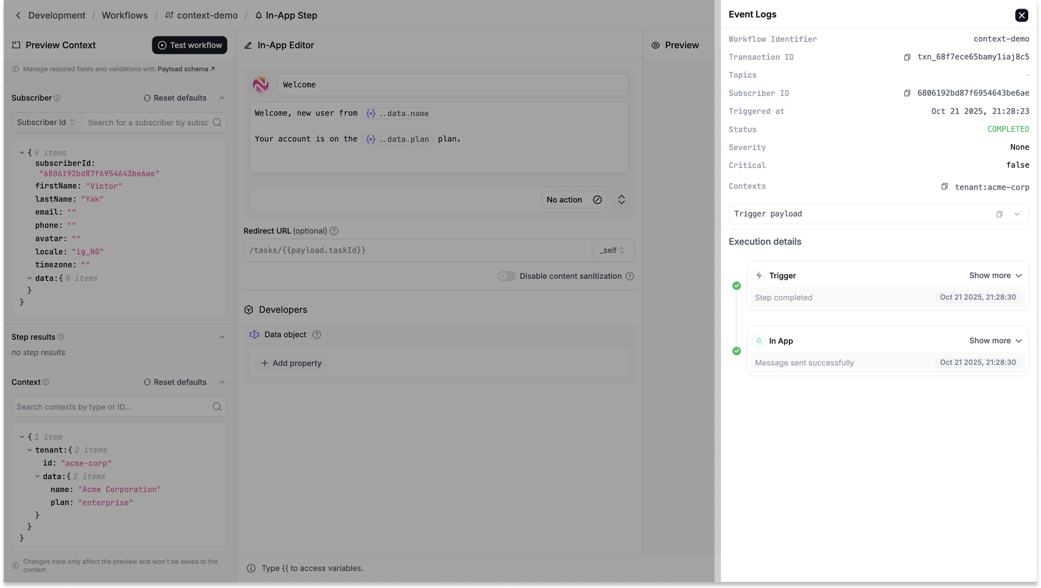 Inbox with context | Novu Documentation